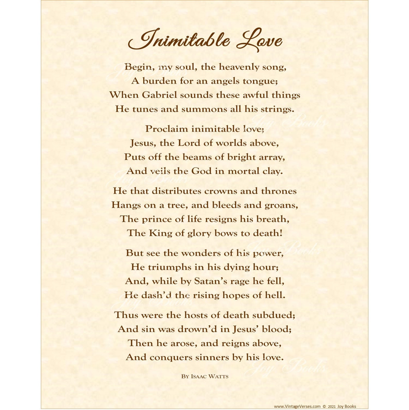 Inimitable Love Poem by Isaac Watts - Home & Office Decor Calligraphy ...