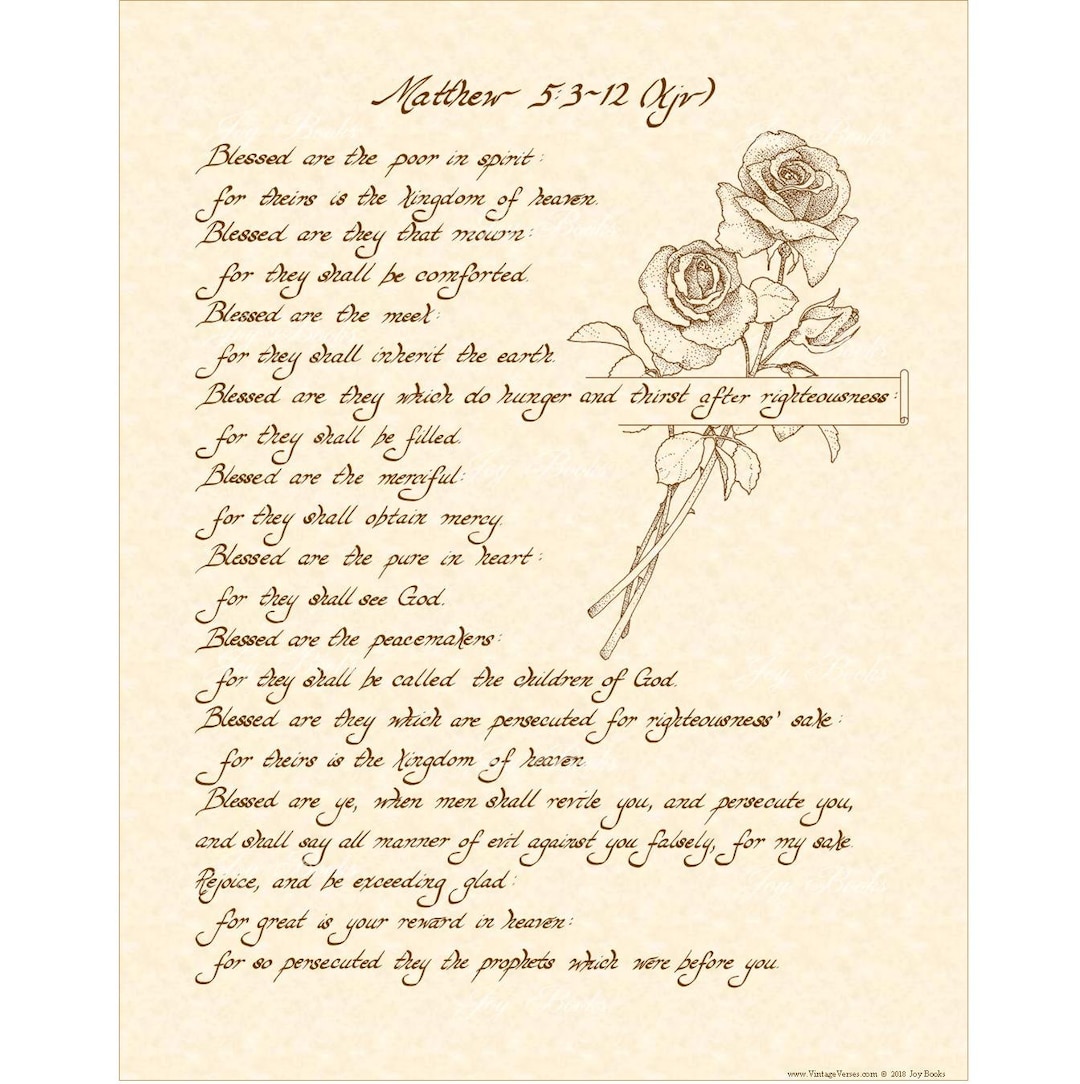 THE BEATITUDES - Matthew 5:3-12 KJV Hand Written Calligraphy Wall Art ...
