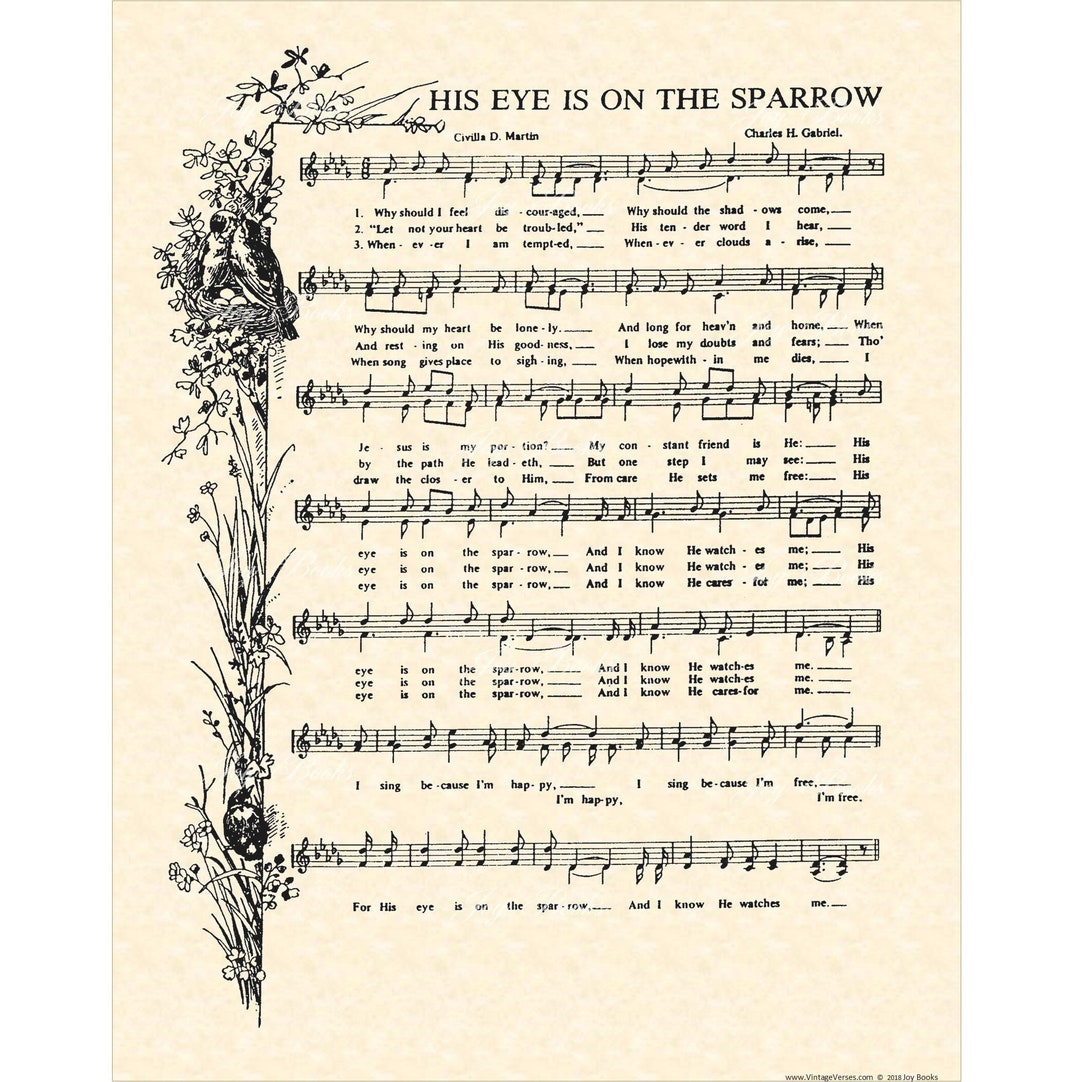His Eye is on the Sparrow - Hymn on Parchment - Christian Home & Office Decor - Vintage Verses ...