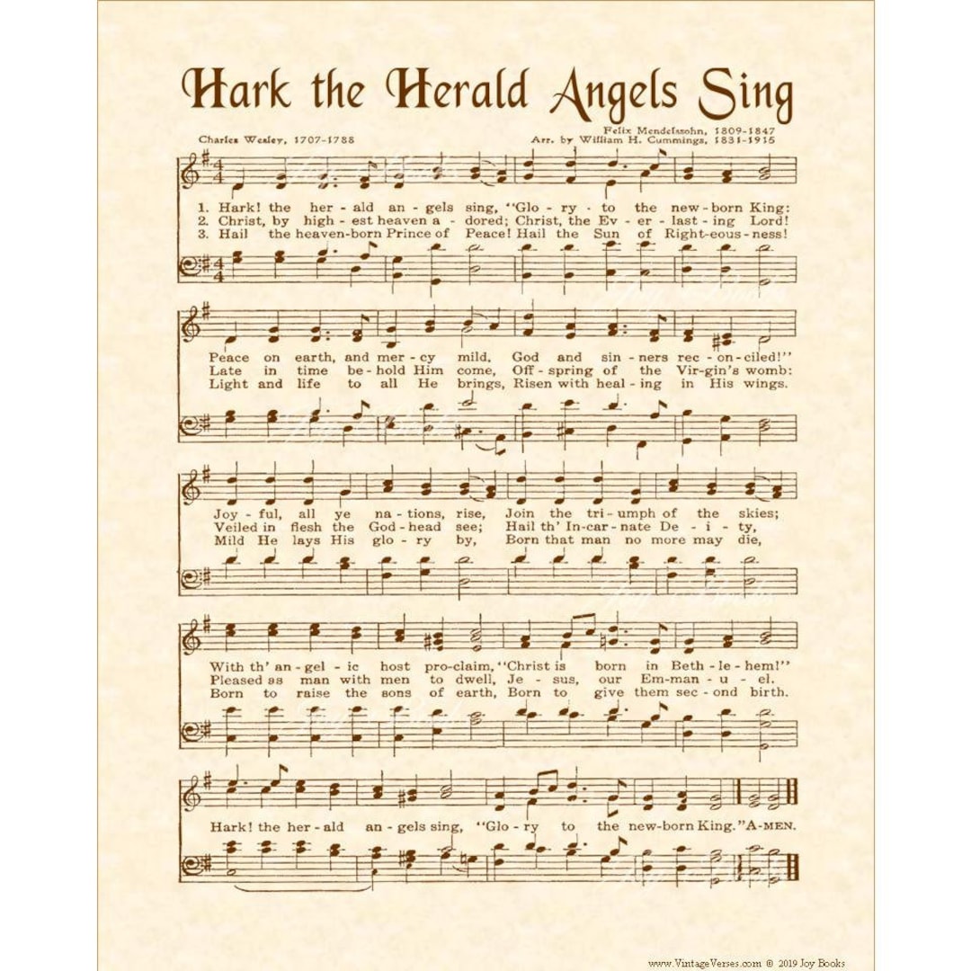 HARK the HERALD ANGELS Sing - 8x10 Antique Hymn Art Print Vintage ...
