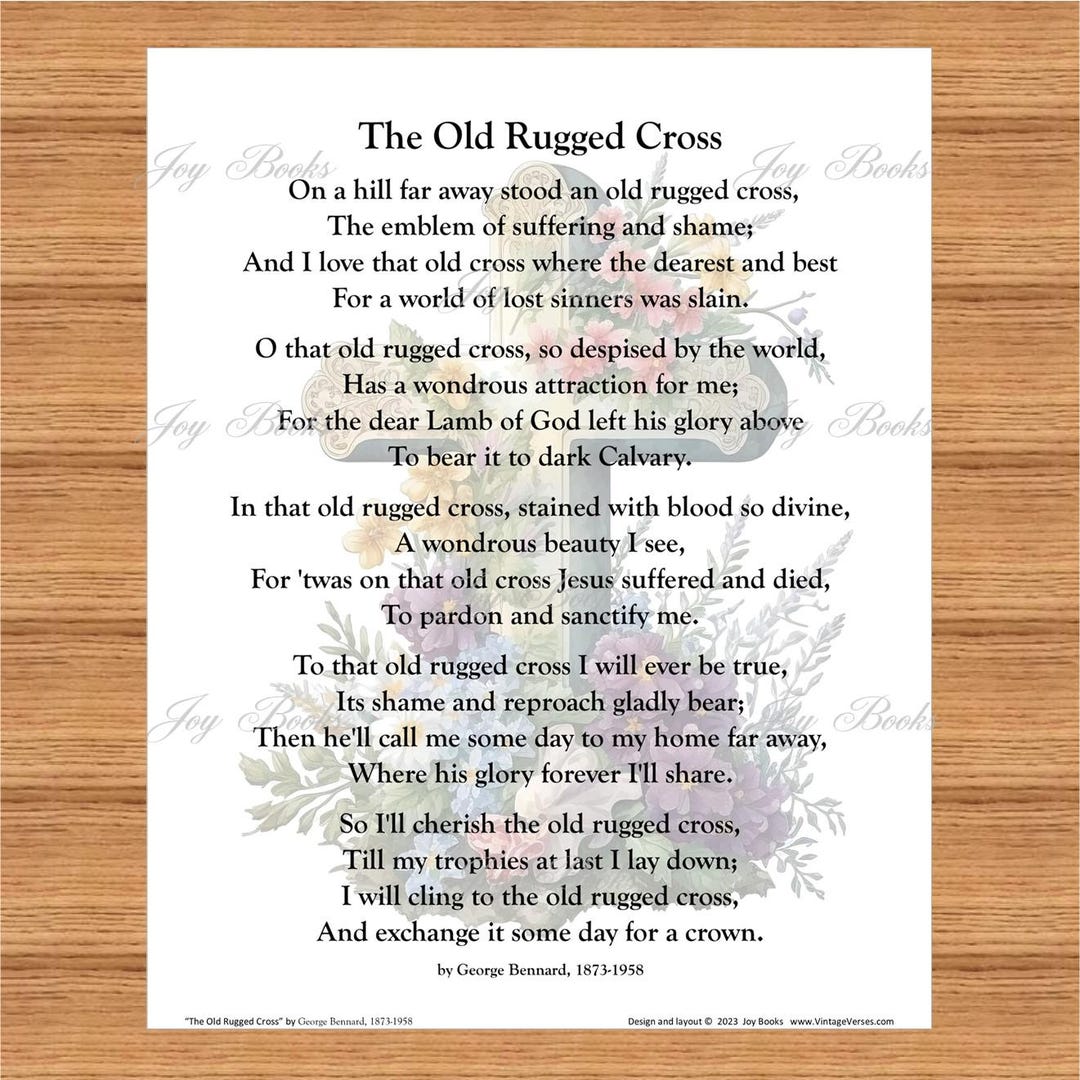 Old Rugged Cross Poem by George Bennard Home & Office Wall Art Calligraphy Vintage Verses Song ...