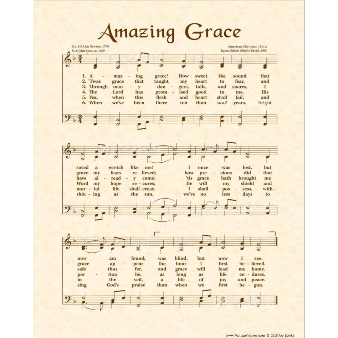 AMAZING GRACE Hymn Art Custom Christian Home Decor Vintage Verses Sheet ...