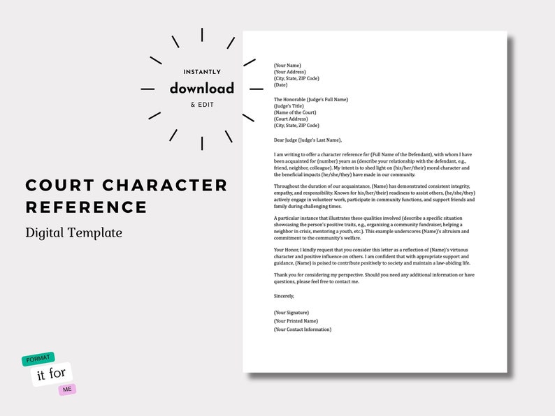 Character Reference Letter, Letter to Judge, Court Character Reference ...