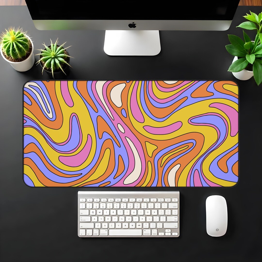 Rainbow Psychedelic Desk Mat, Wavey Lines, Groovy Mousepad, Boho Office ...
