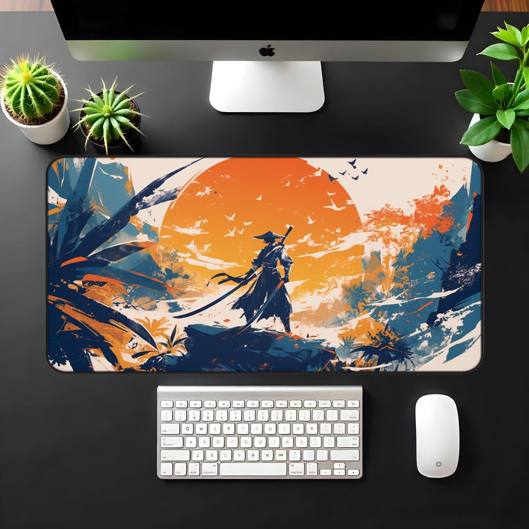 Samurai Sunset Desk Mat, Japanese Gaming Mousepad, Oriental Office ...