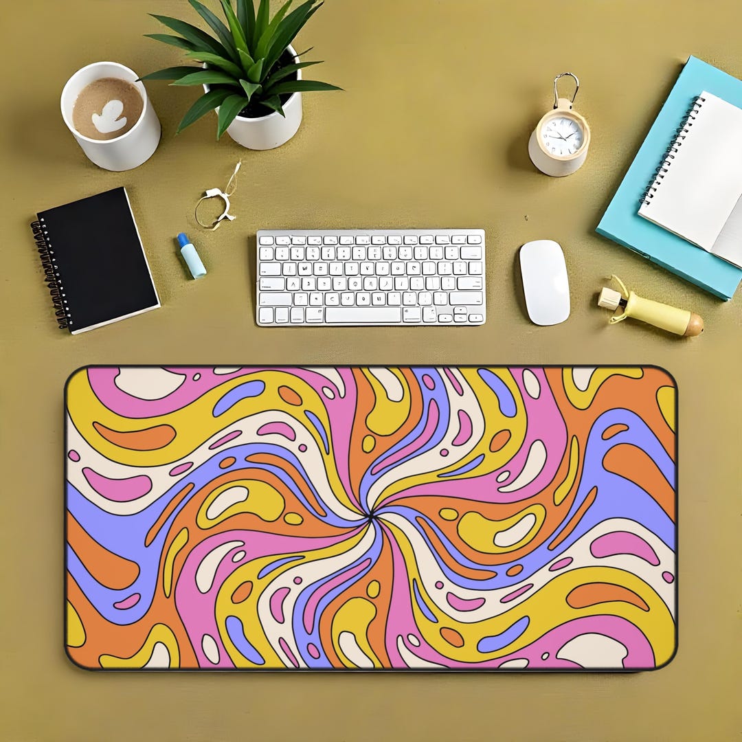 Rainbow Psychedelic Desk Mat, Wavey Lines, Groovy Mousepad, Boho Office ...