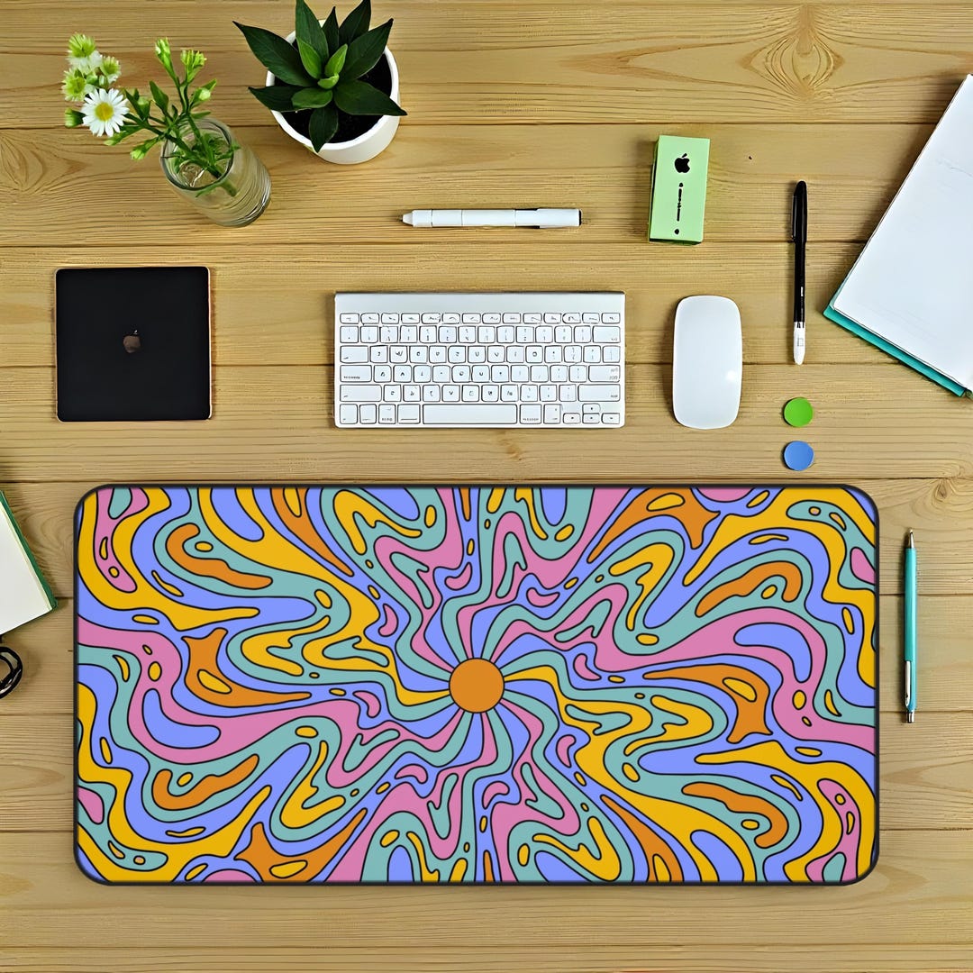 Rainbow Psychedelic Desk Mat, Wavey Lines, Groovy Mousepad, Boho Office ...
