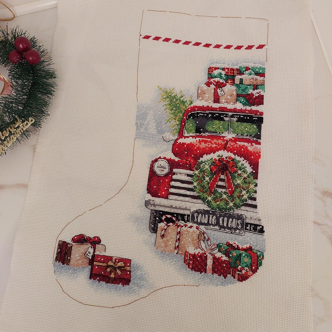Christmas Stocking Santa’s Truck Finished NEW Dimensions Embroidered ...