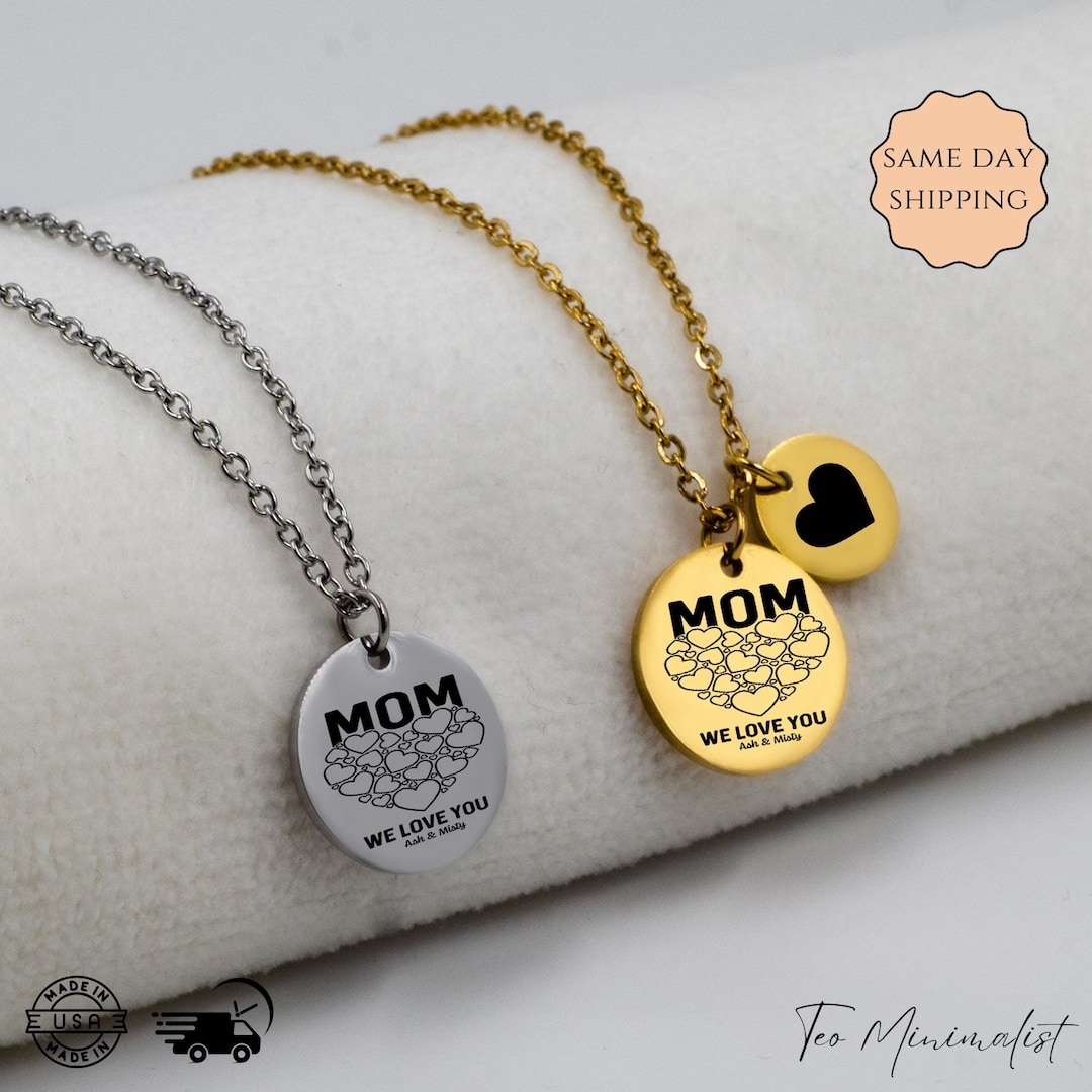 Personalized Mom Necklace: Engraved Name Heart Pendant, Stainless Steel ...