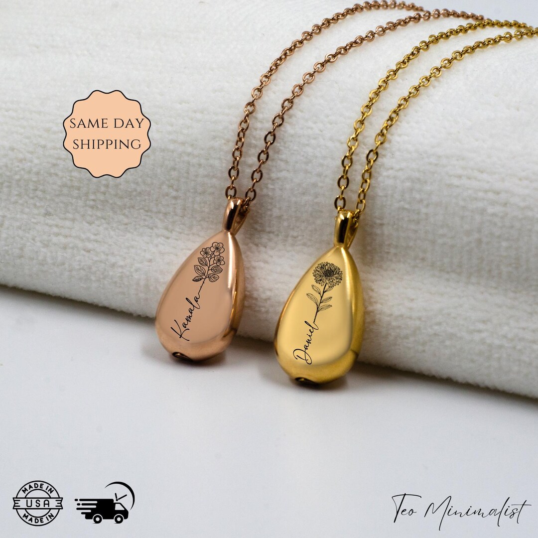 Personalized Birth Flower Necklace: Engraved Teardrop Pendant, Floral ...