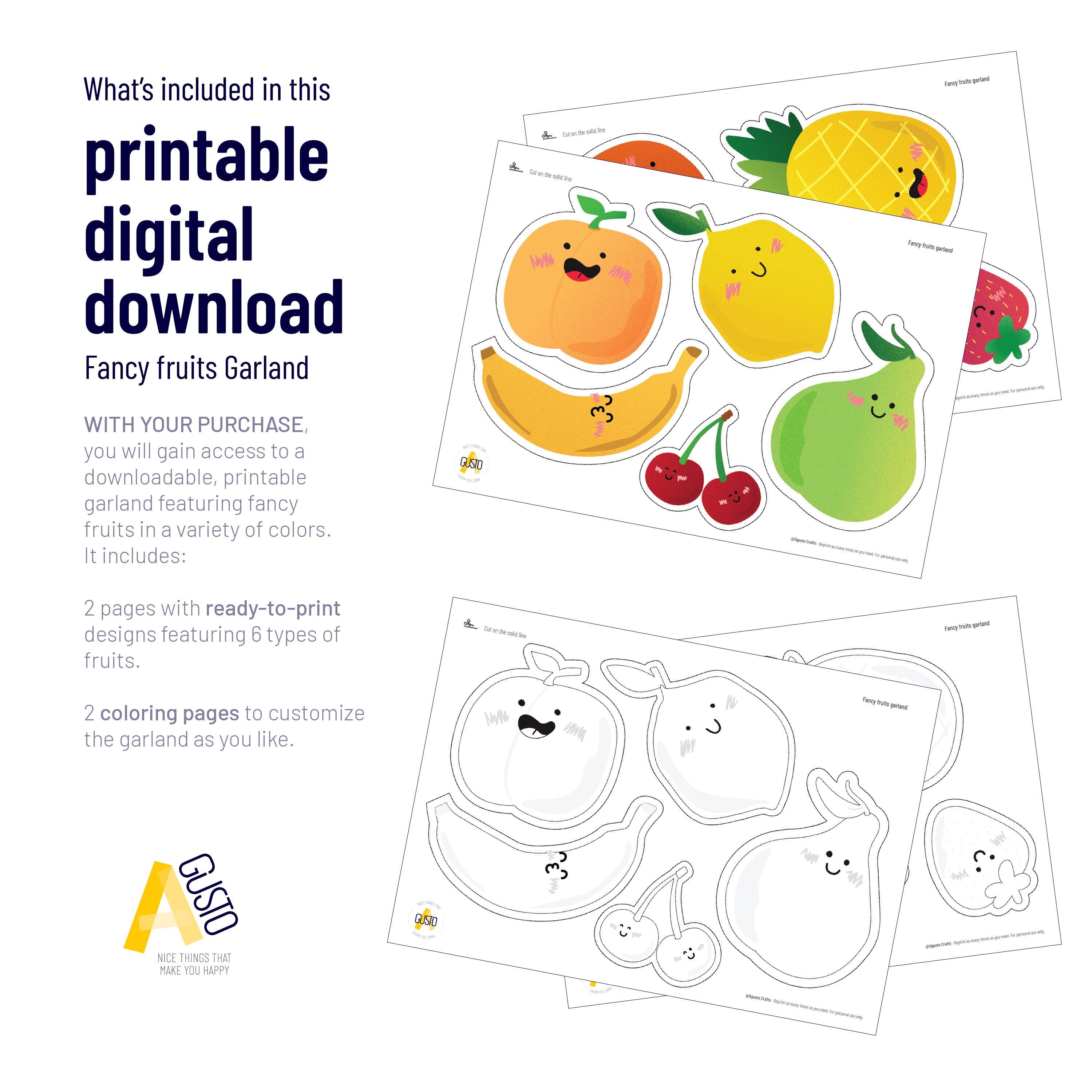 Kawaii Fruit Garland Printable: DIY Coloring Banner (digital Download ...