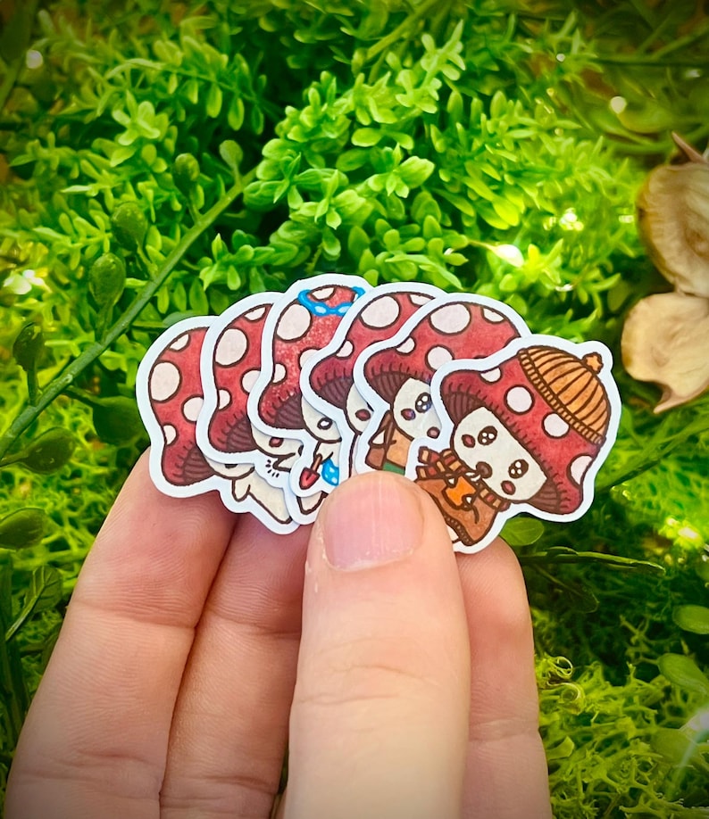 Set of 6 Mini Mushman Laminated Vinyl Stickers | Cute Mushroom Art ...