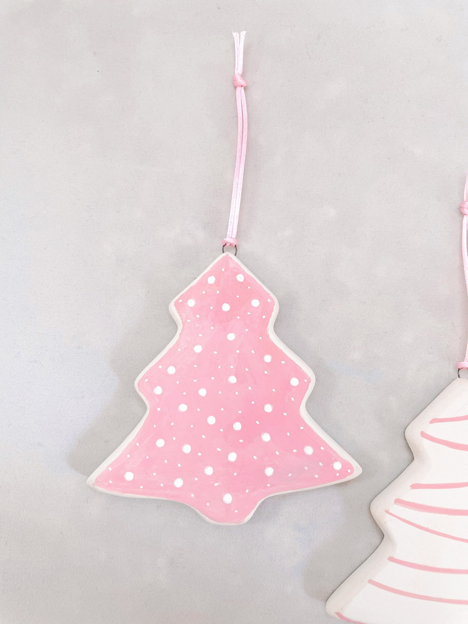 Modern Pink & White Tree Ornament Set Hand Painted Bisque Ceramic ...