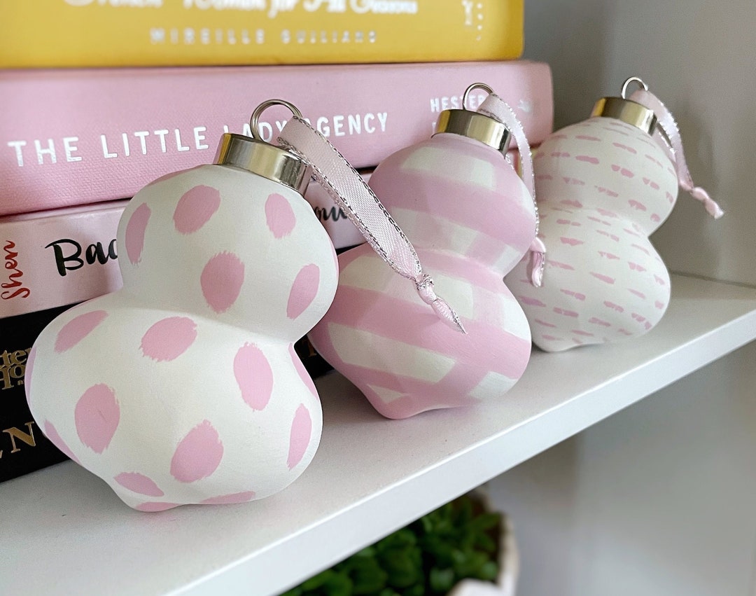 Modern Pink & White Finial Ornament Set Hand Painted Ceramic Barbiecore ...