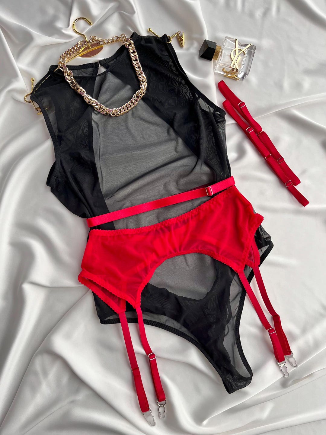 Black Mesh Bodysuit, Red Garter Lingerie Set - Etsy