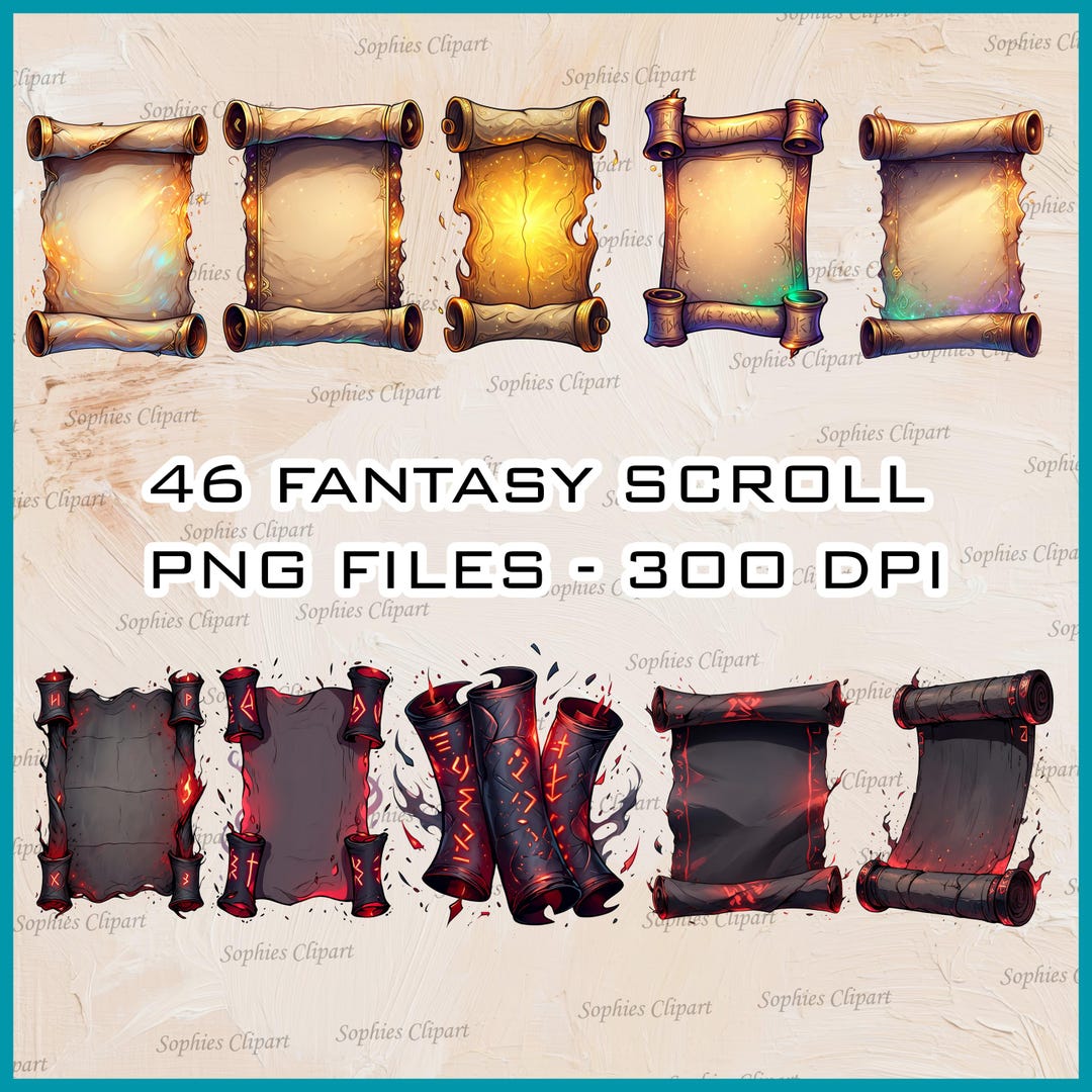 Fantasy Scroll Clipart PNG Bundle – Wizard Spell Elements for Planners ...