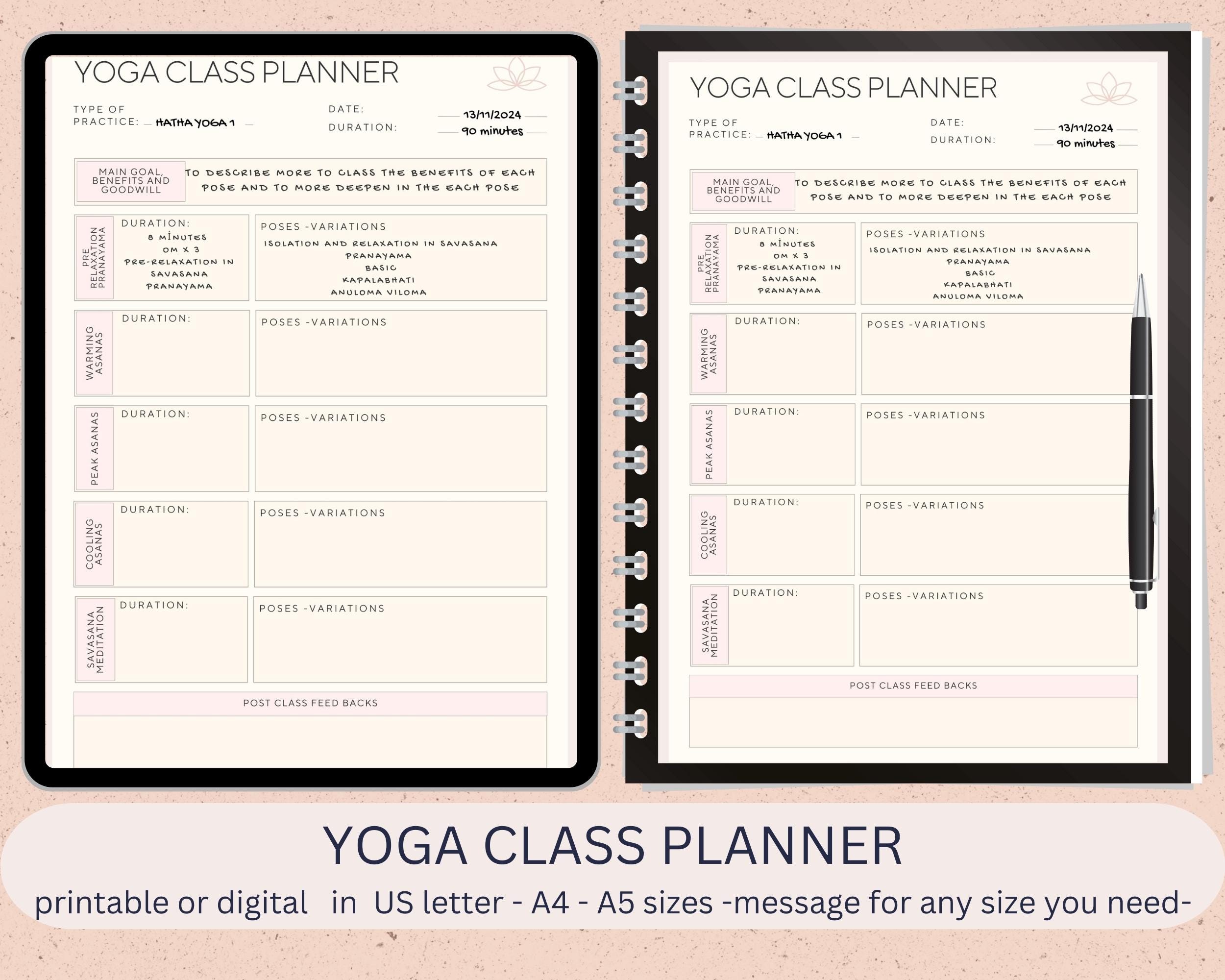 Printable Yoga Class Planner: Teacher Journal Template (digital Download) - Etsy