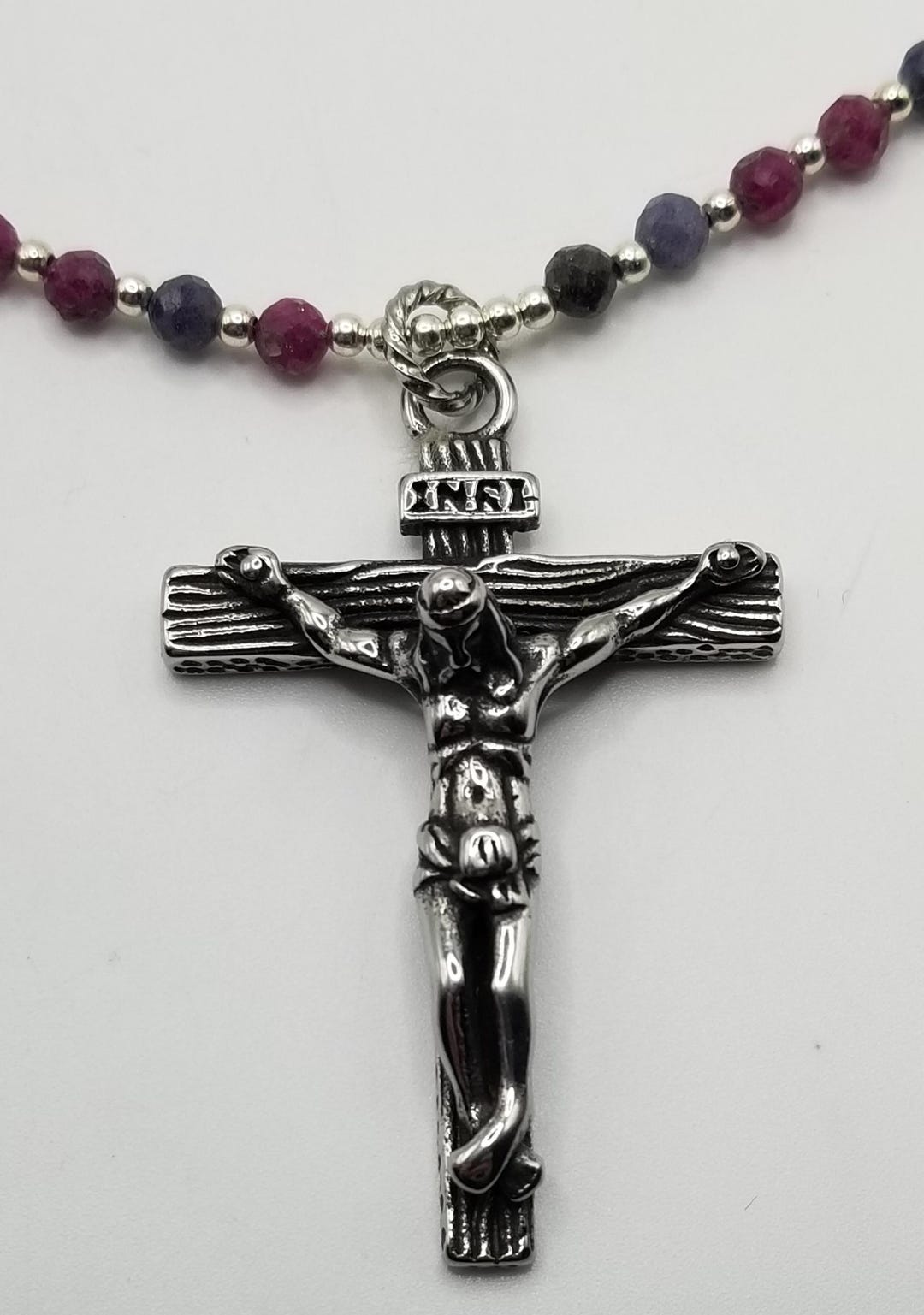 Red & Blue Stone Bead Crucifix Necklace - Stainless Wood Grain Cross - Etsy