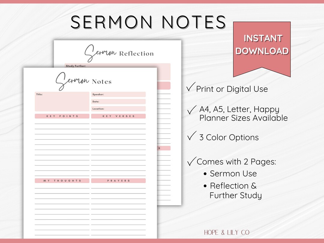Printable Sermon Notes, Digital Bible Study Sermon Outline, Church ...