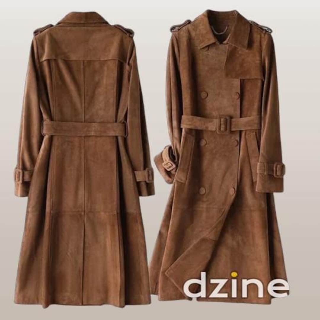 Women's Genuine Goatskin Suede Long Leather Trench Coat - Long Black ...