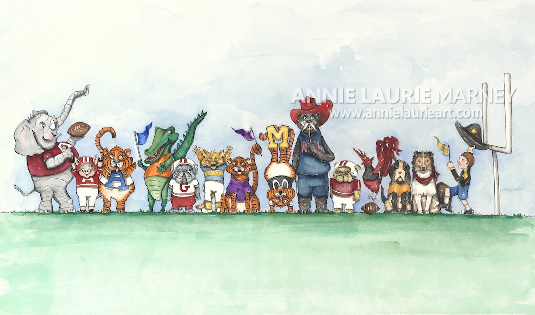 SEC Mascots - College Football Painting - 10x20" Watercolor Fine Art ...