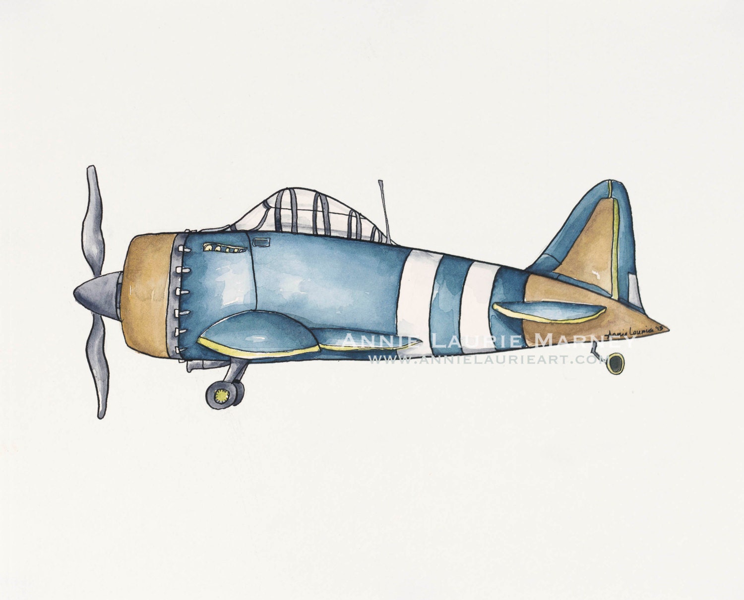 Vintage Airplane - 8x10" Watercolor Print - Navy and Gold Airplane ...