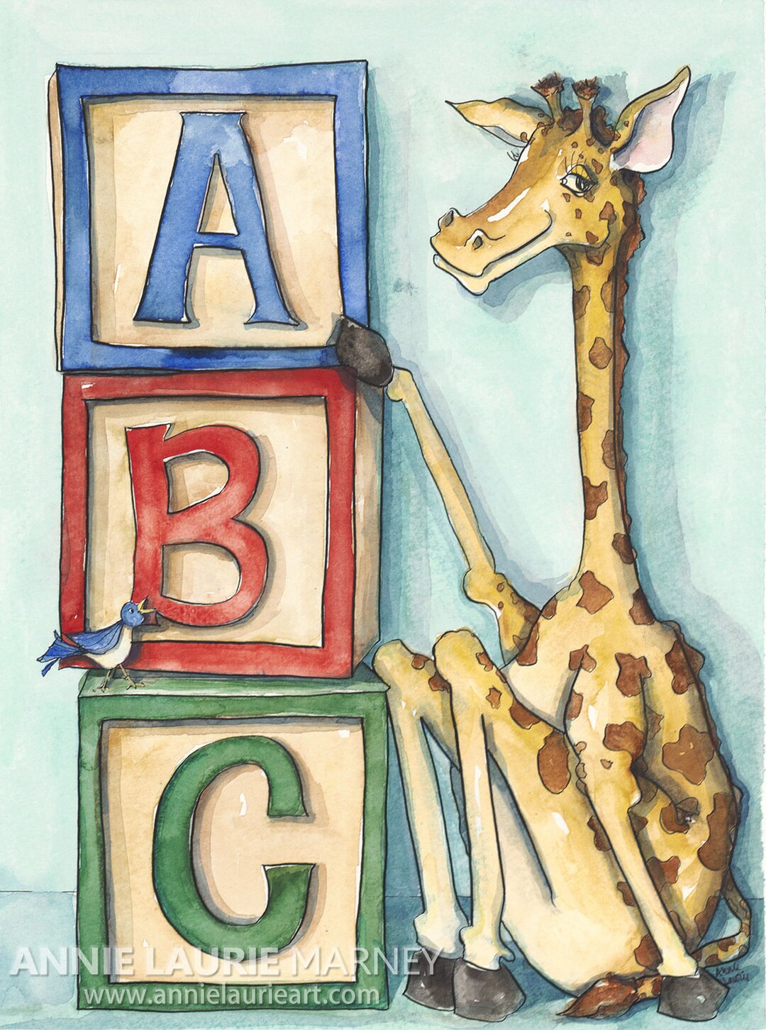 Giraffe ABC Blocks - 9x12" Watercolor - Alphabet Print - Etsy