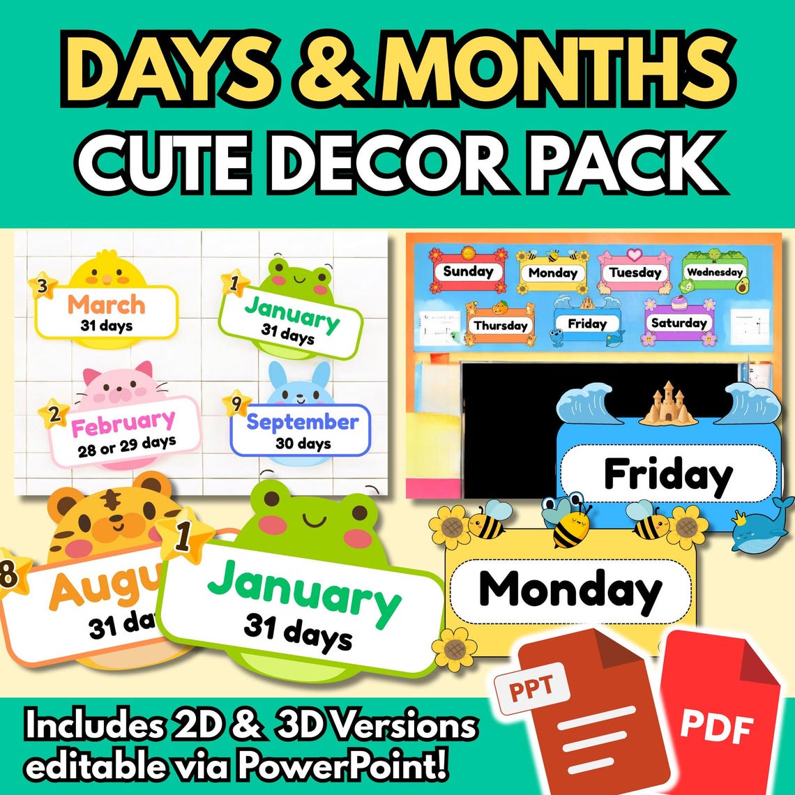 Cute Days & Months Decor Pack | 2D and 3D Wall and Bulletin Board Kit ...