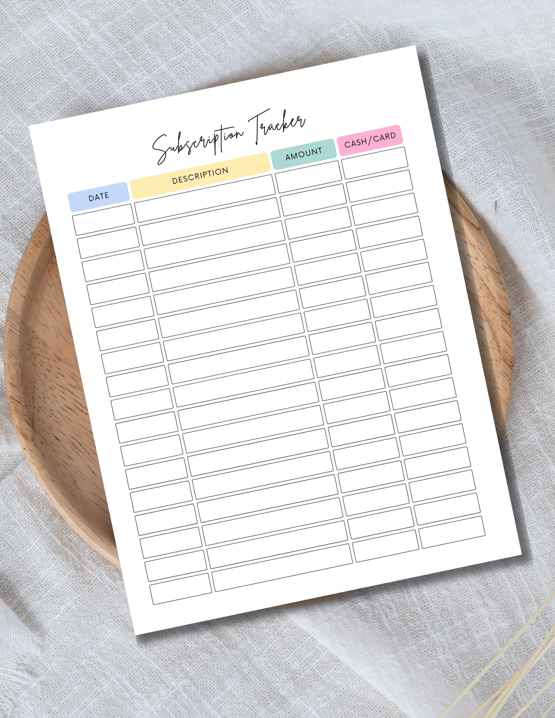 Printable Subscription Tracker - Expense Management Template, Budget ...