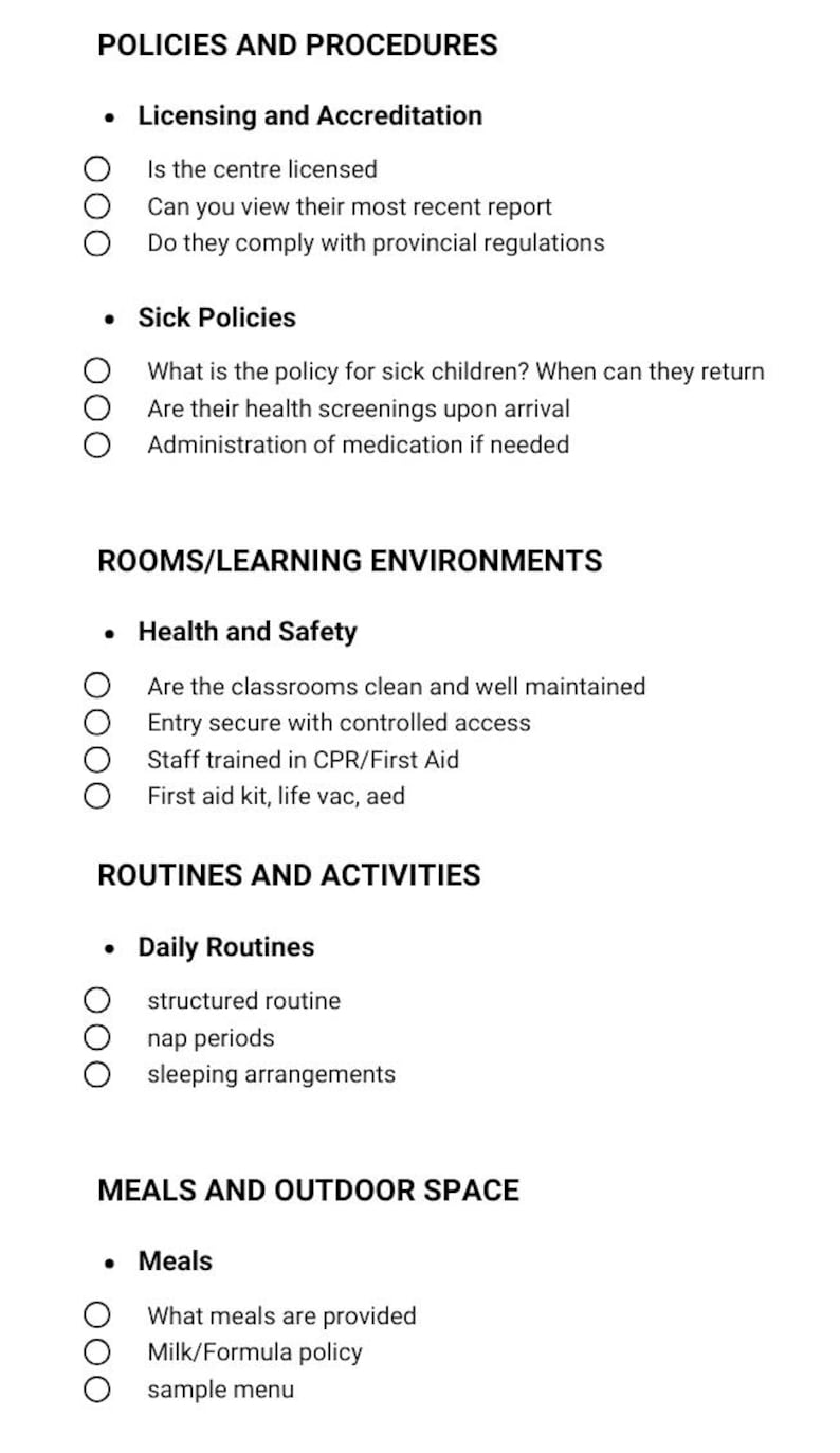 Daycare Tour Checklist Printable Daycare Checklist for Parents Essential Questions Daycare Visit ...