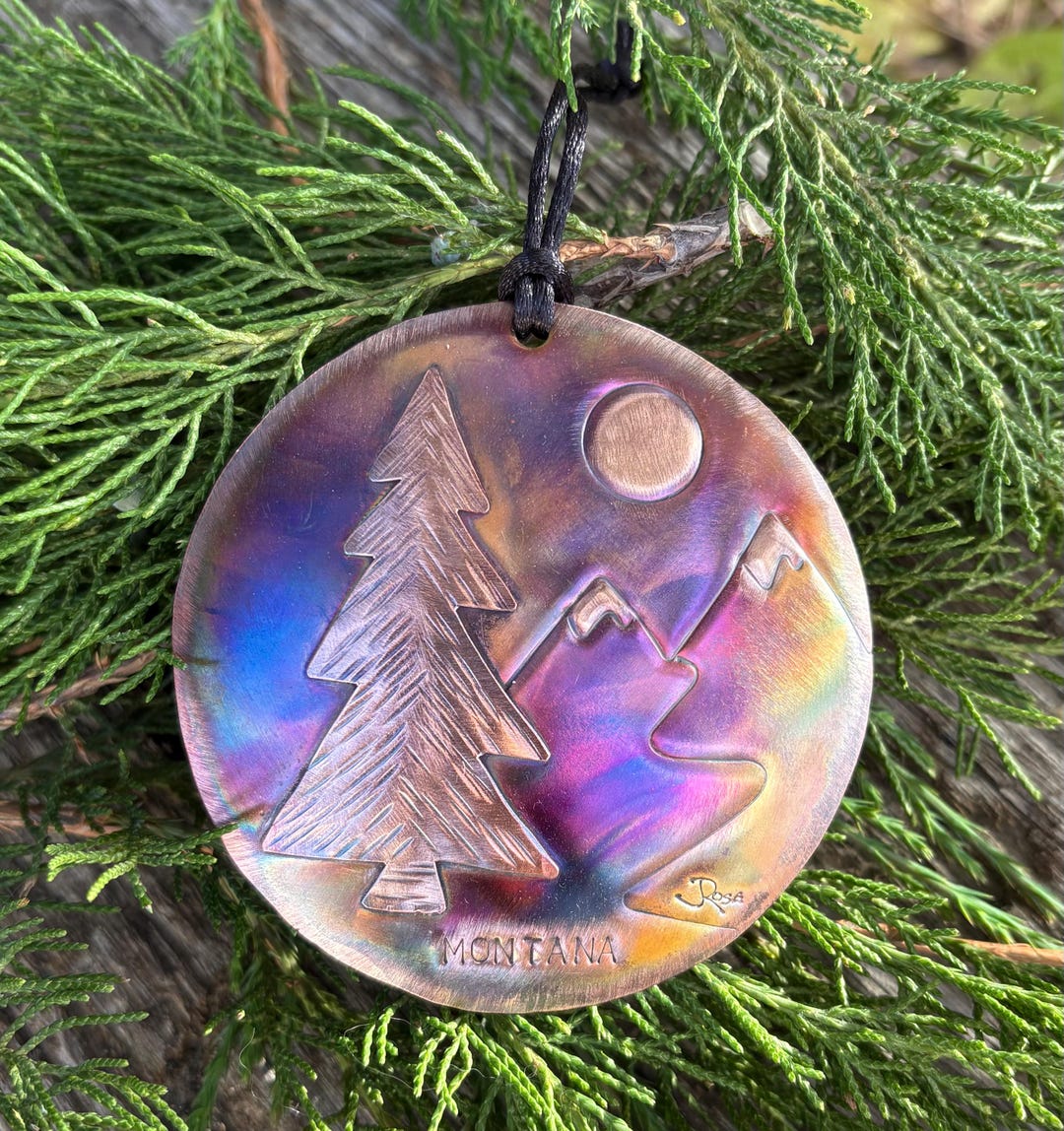Handcrafted Copper Disk With Mountain Scene Ornament, Personalize ...