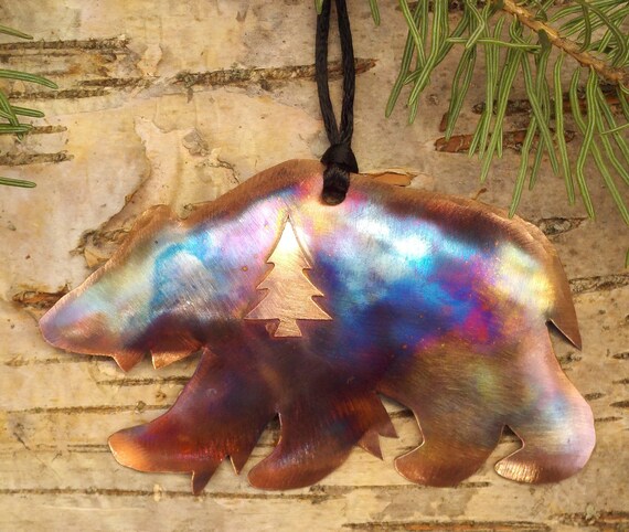 Handcrafted Copper Bear with Tree Ornament | Etsy