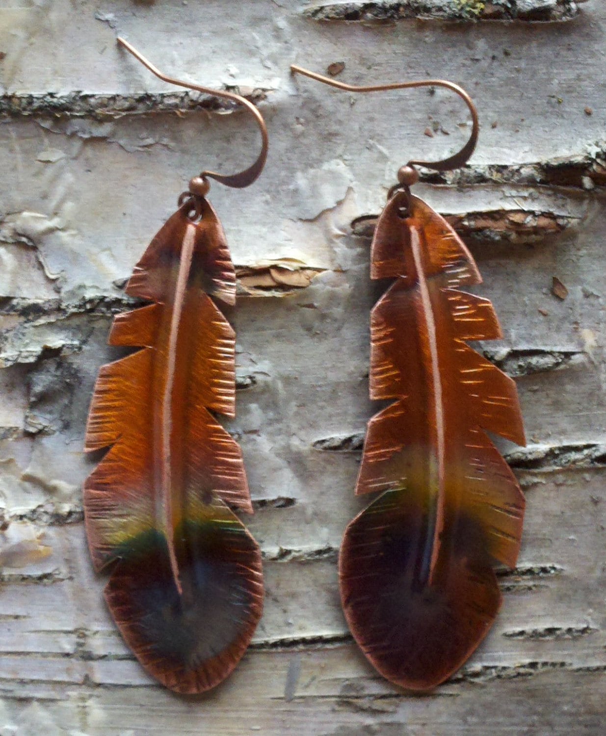 Handcrafted Heated Copper Feather Earrings - Etsy