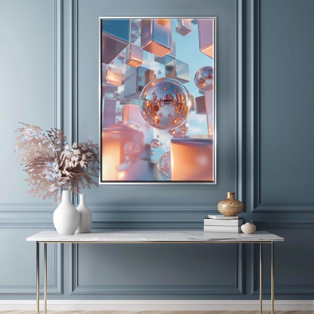 3D Geometric Abstract Canvas, Reflective Sphere With Soft Pastel Prisms ...