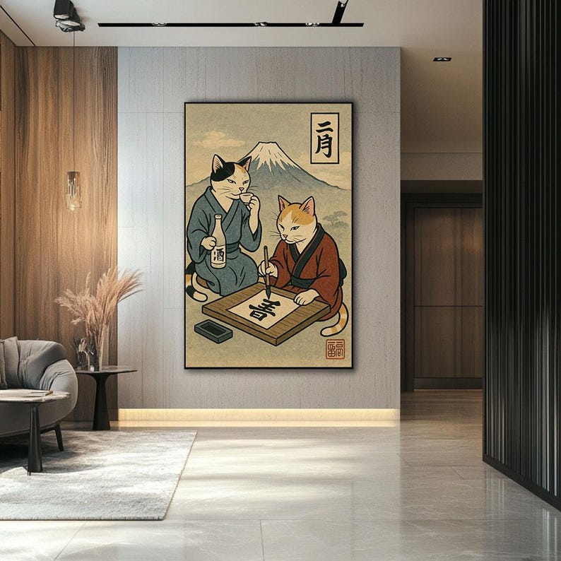 Ukiyo-e Cat Art Print: Fuji Mountain Japanese Poster - Etsy