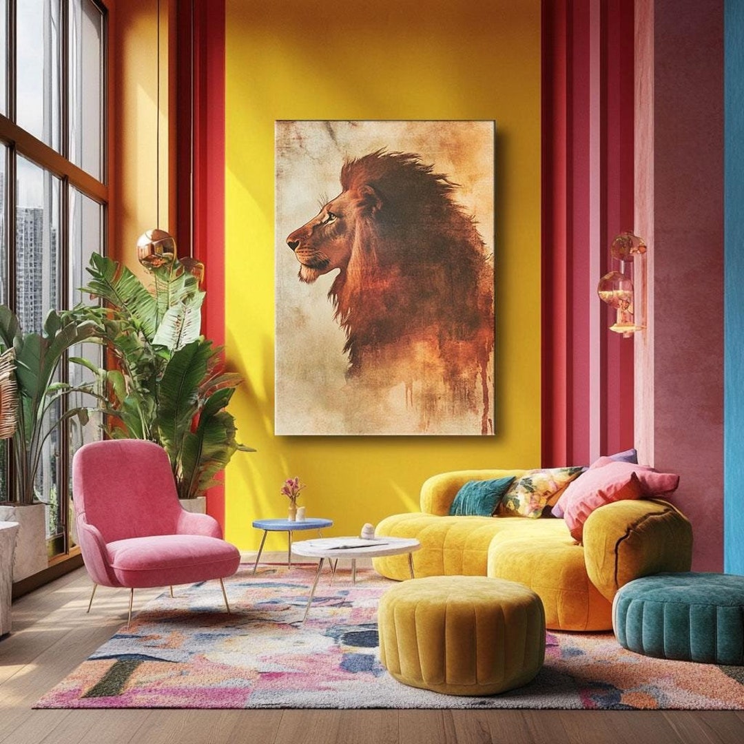 Regal Lion Portrait: Earthy Amber Ochre Animal Canvas Wall Decor - Etsy