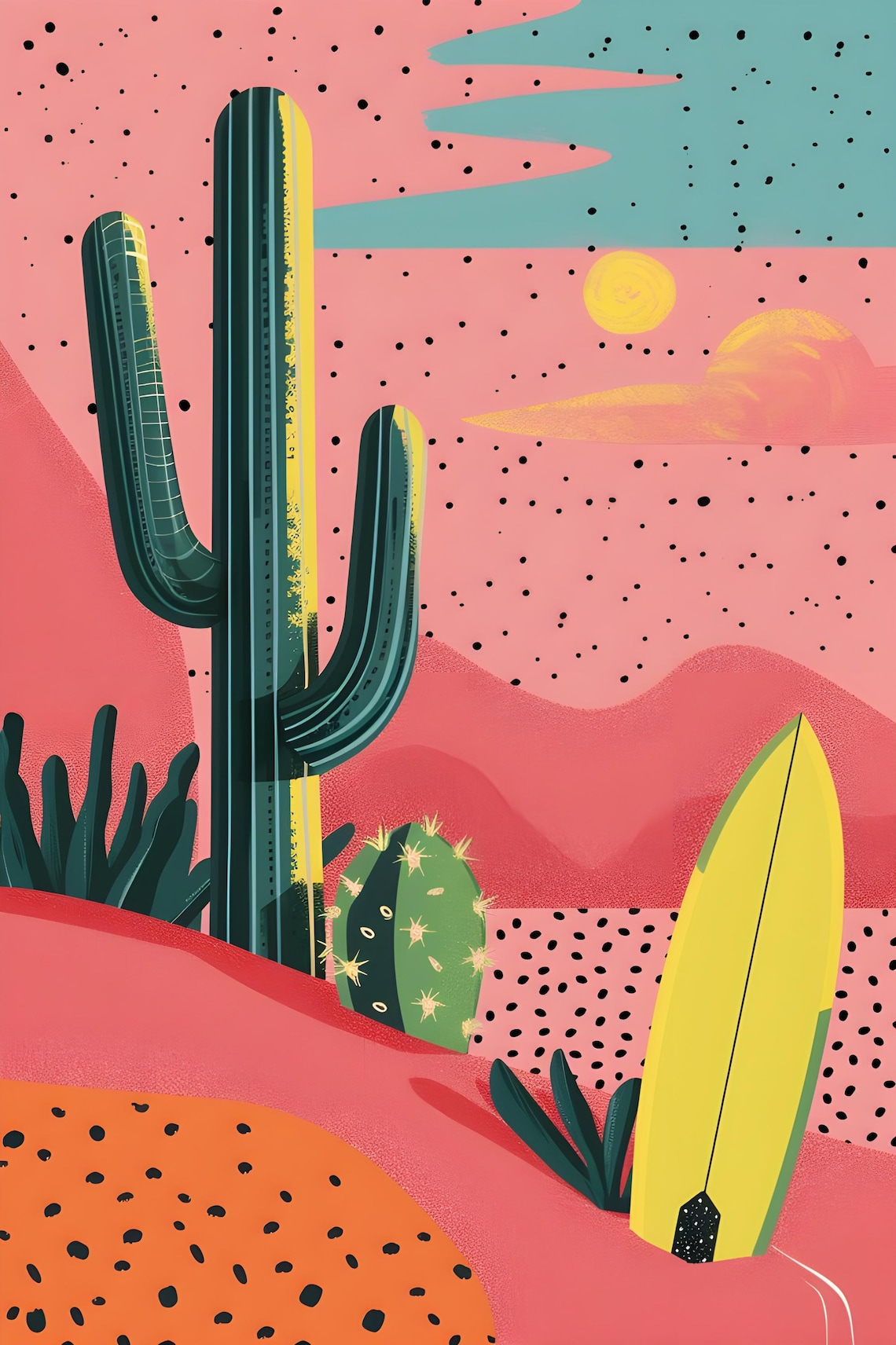 Desert Pop Art Print, Cactus and Surfboard Wall Art, Retro Tropical ...