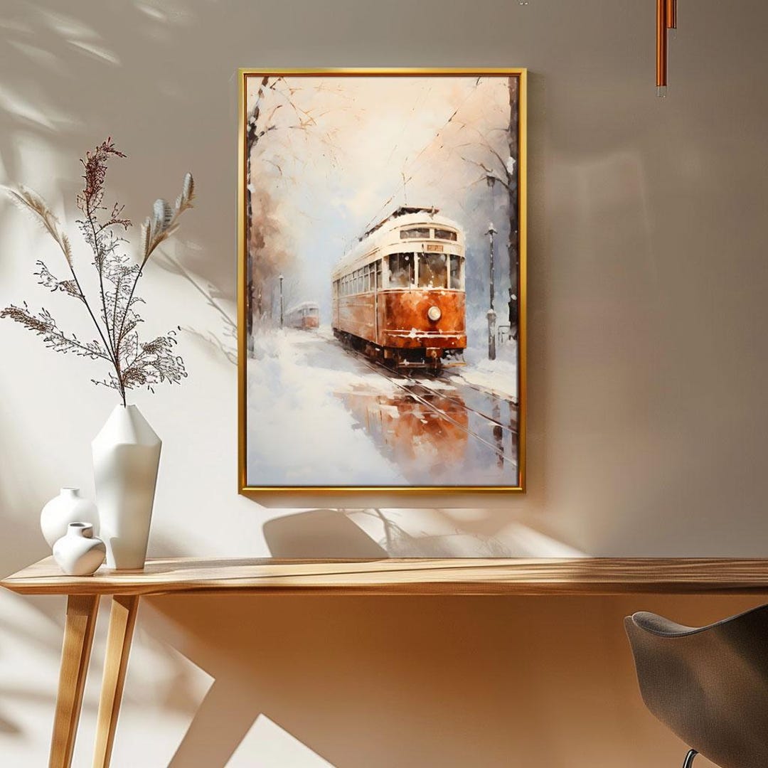 Winter Tram Wall Art, Christmas Streetcar Painting, Vintage Holiday ...