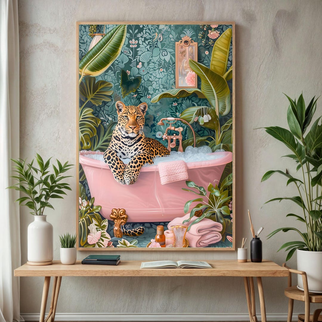 Leopard in Pink Tub Canvas Print: Tropical Bathroom Wall Art - Etsy