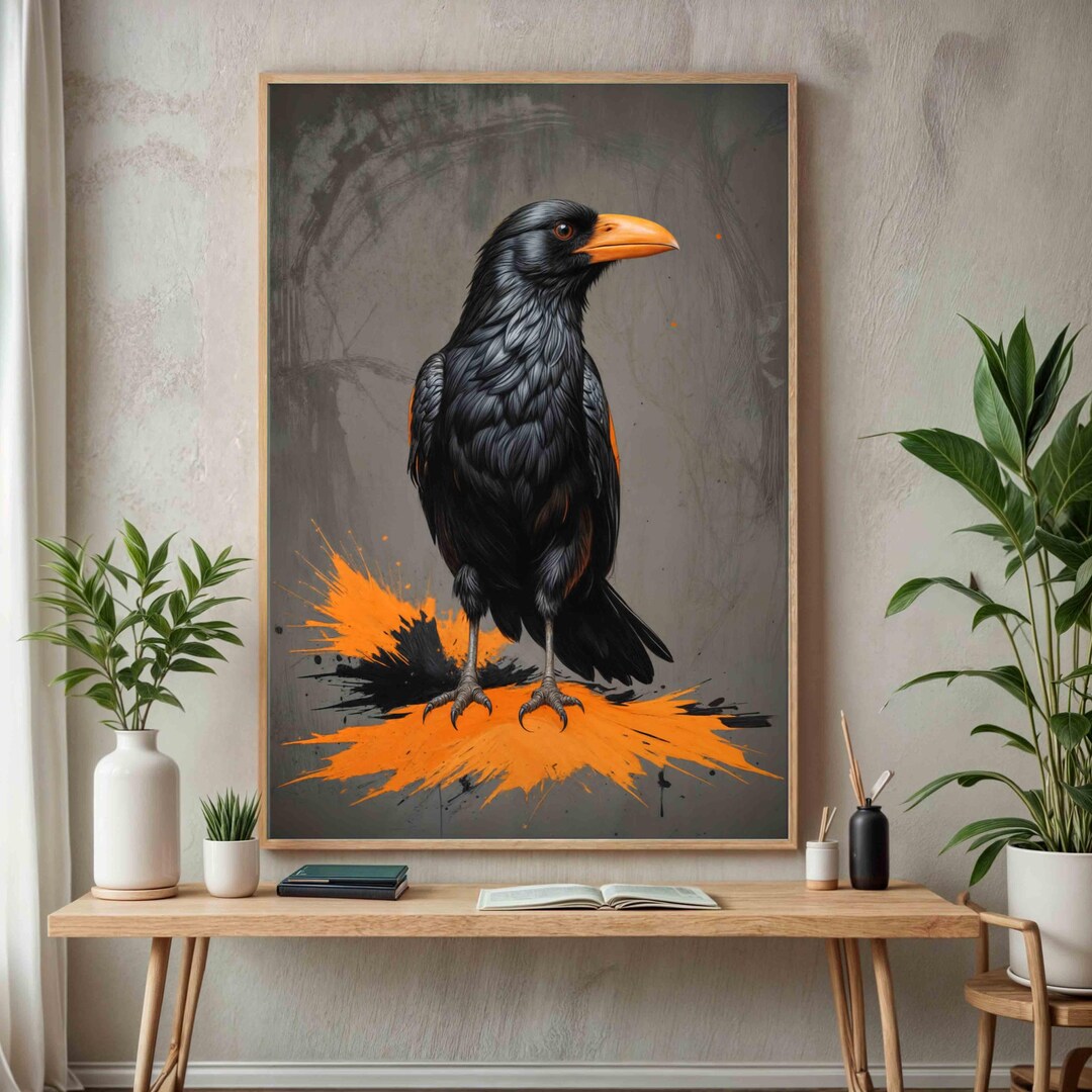 Abstract Crow Portrait Canvas Art: Black Feathers, Orange Beak - Etsy