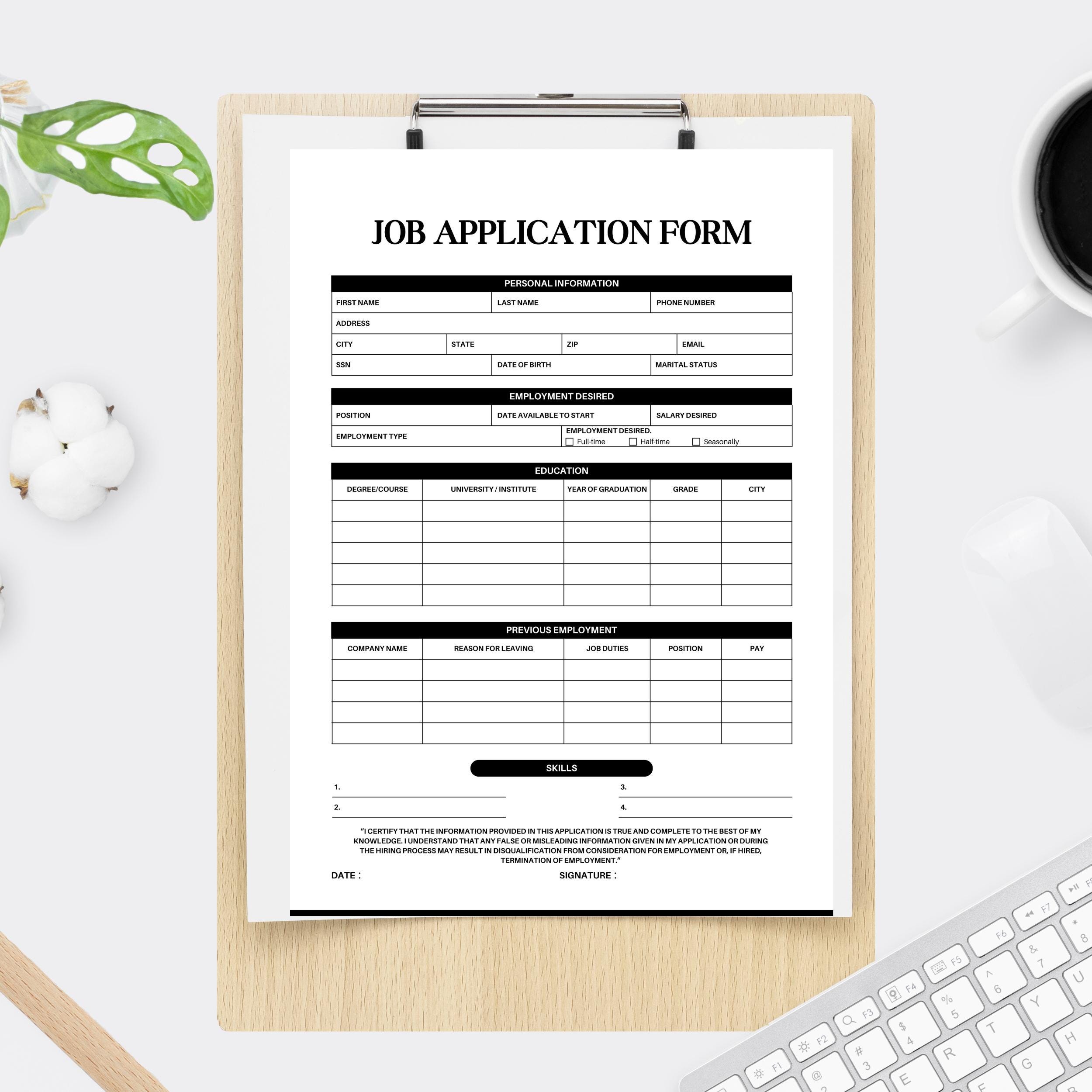 Job Application Form PDF| Fillable Form PDF| Downloadable Job ...