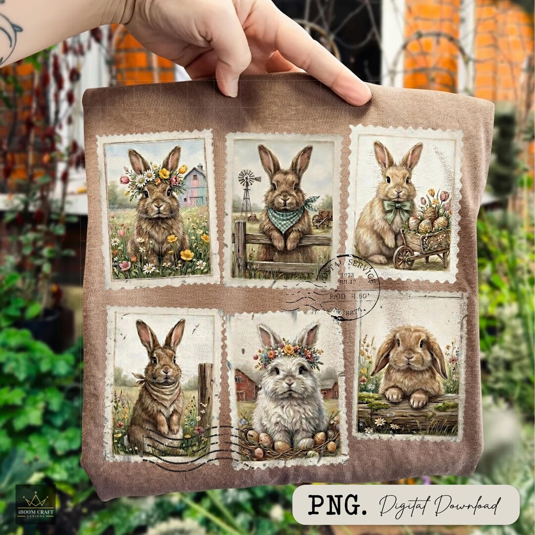 Vintage Easter Bunny Stamps PNG, Rabbit Floral Clipart (digital ...