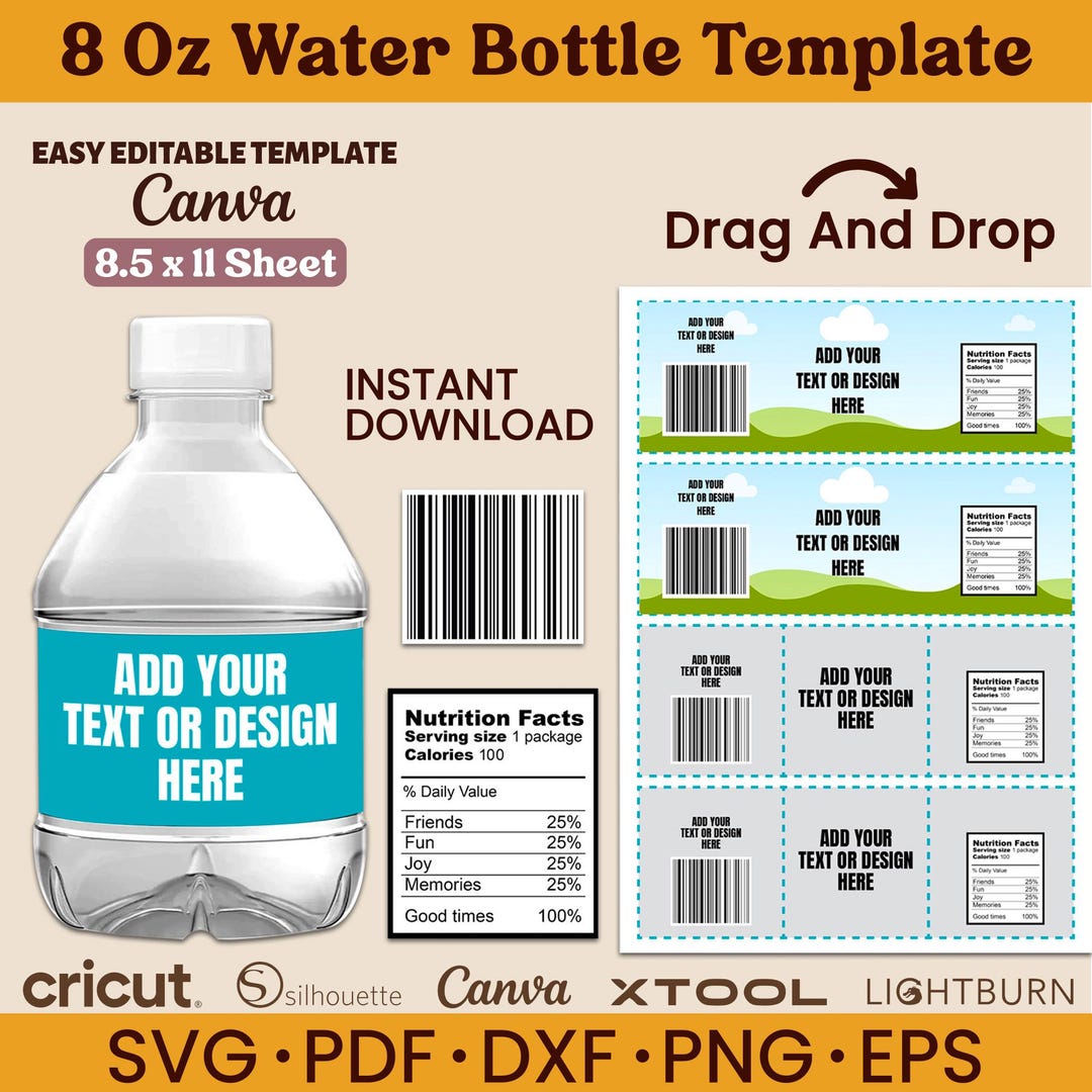 8 Oz Water Bottle Label Canva Template, Editable Water Bottle Template ...