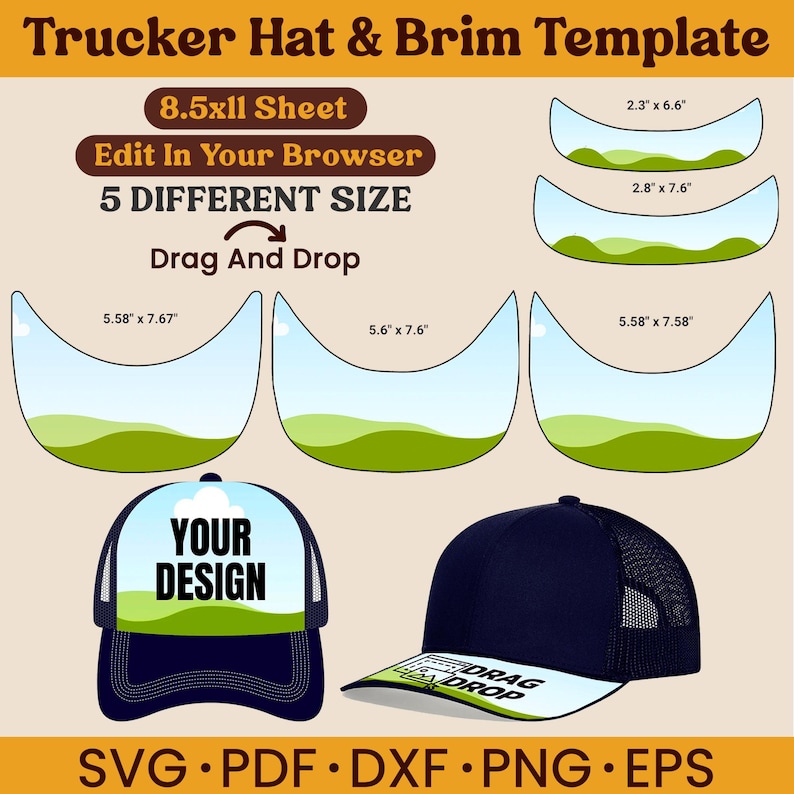 Editable Hat Brim Template Pack | 5 Sizes Trucker Hat Templates | Canva ...