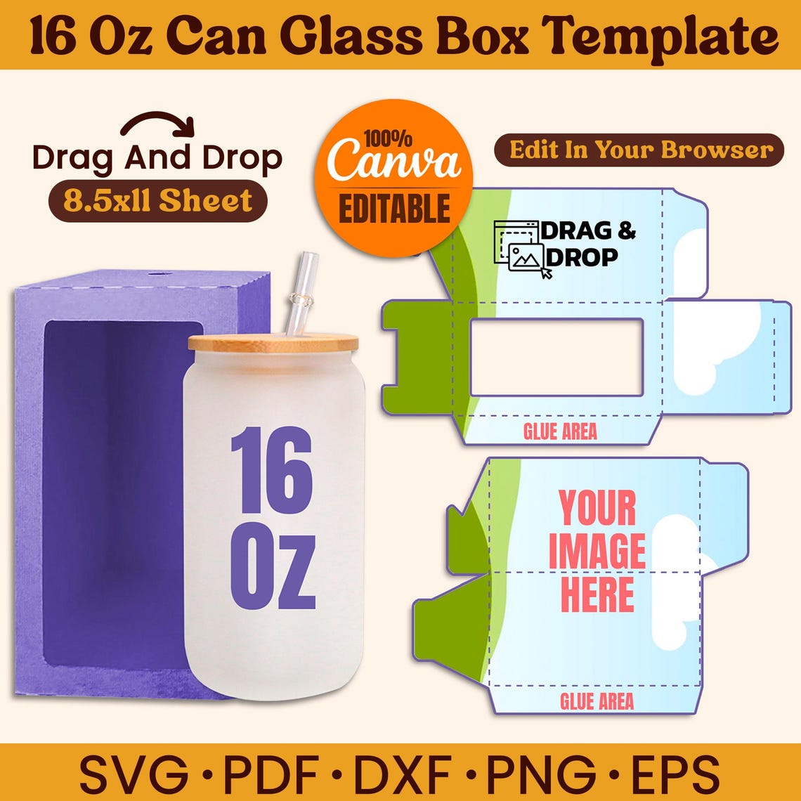 16 Oz Can Glass Box Template Svg | Canva Editable Sublimation & Print ...