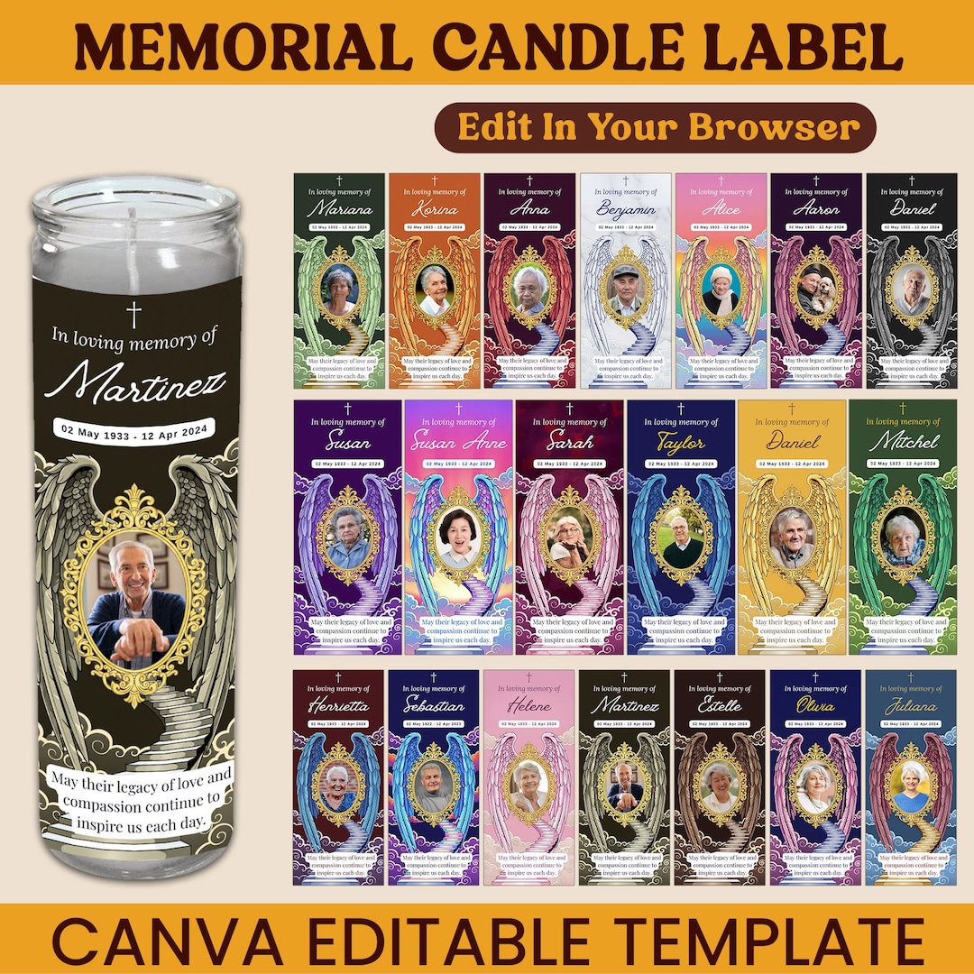 Editable Memorial Candle Label Template, Canva Photo Candle Sticker ...