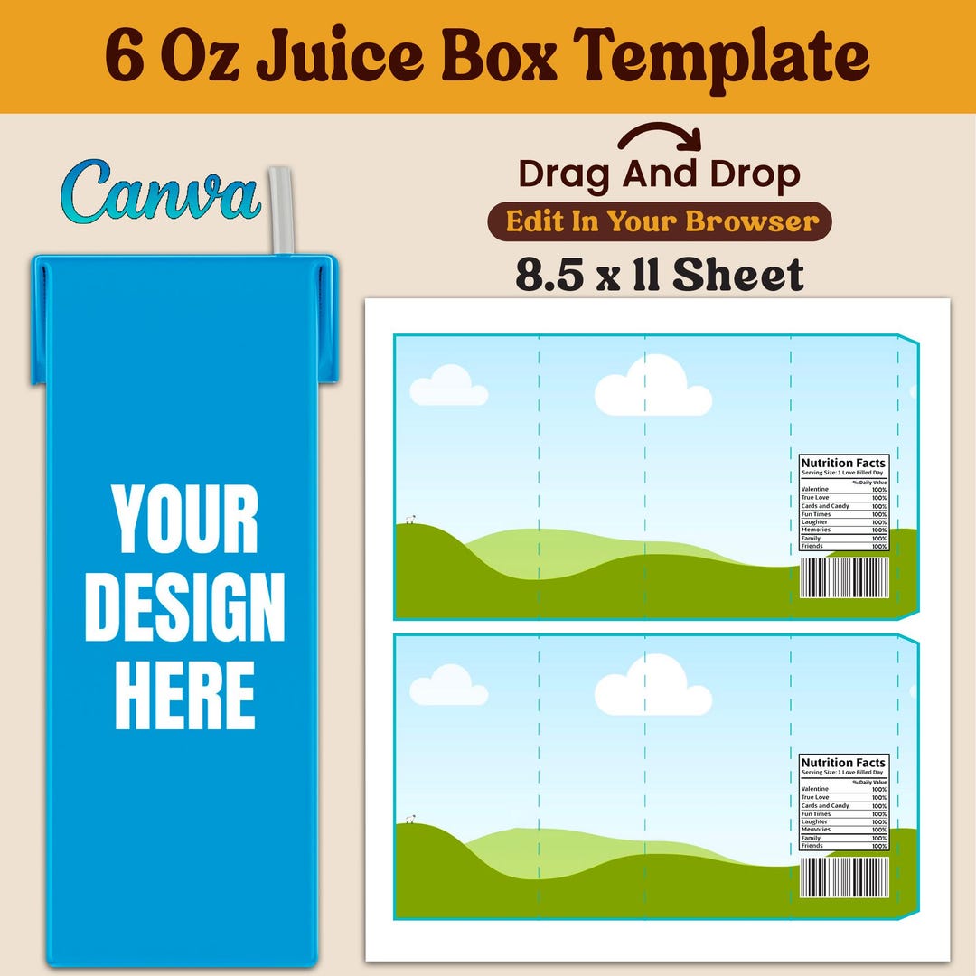 6oz Juice Box Template Canva, Juice Box Wrapper Template, Kids Party ...