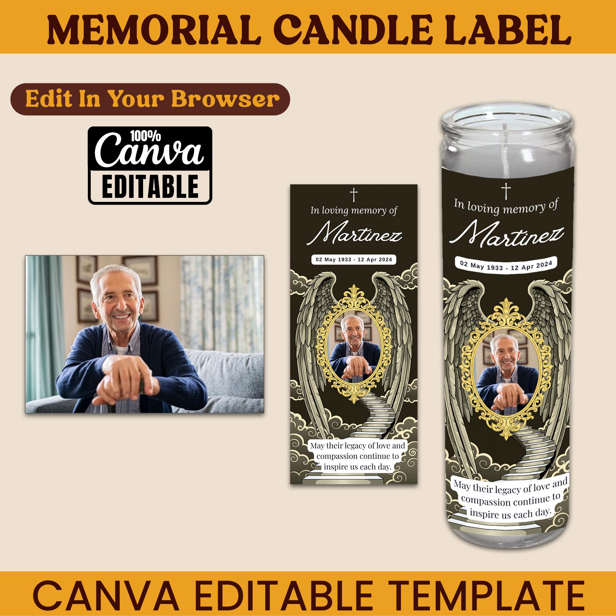 Editable Memorial Candle Label Template, Canva Photo Candle Sticker ...