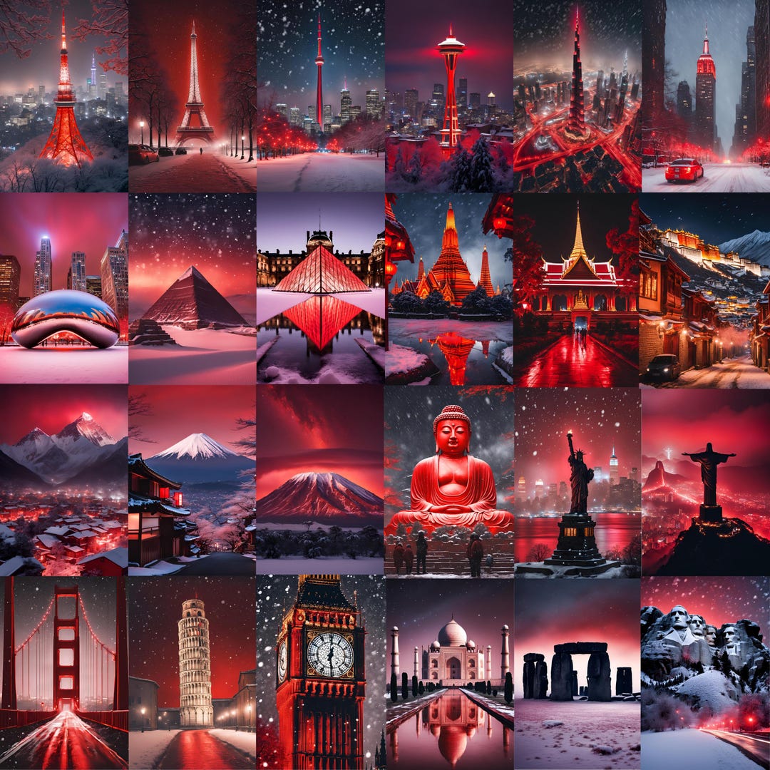 Iconic Landmarks Prints Set of 24 Red and Snowy Winter Wonderland ...