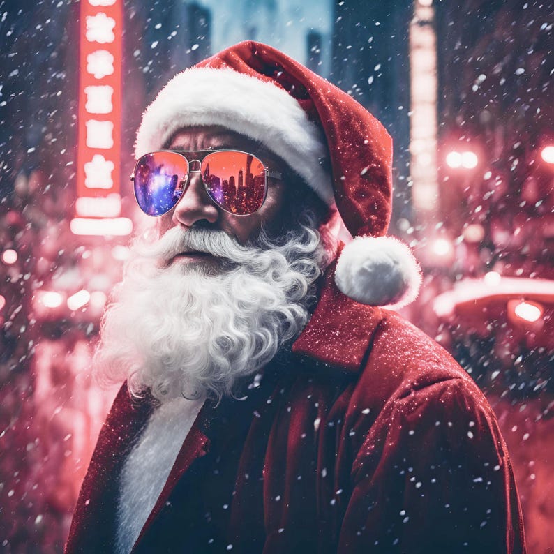 Santa Art Print, Christmas Art Urban Santa in the Snow, Neon Cityscape ...